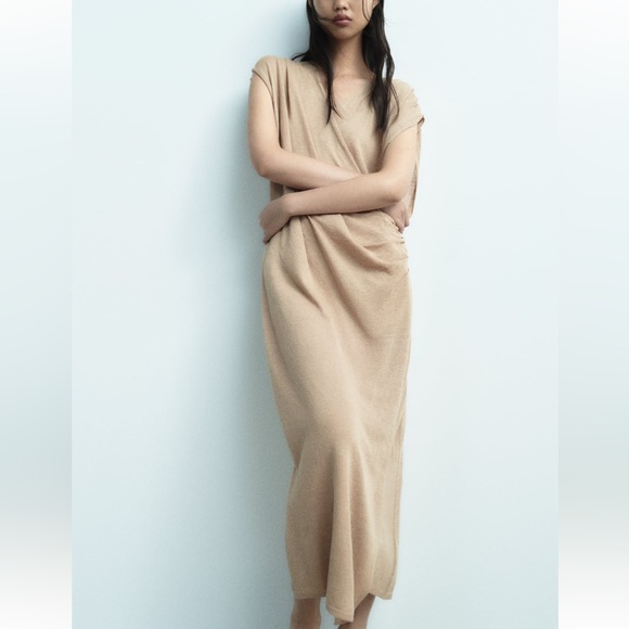 Zara | Dresses | Zara Linen Blend Ruched Knit Midi Dress Sand Color Nwt ...